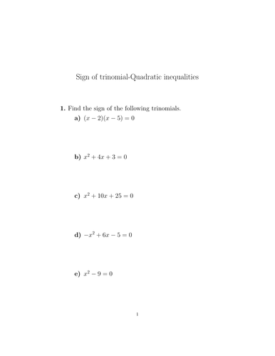 Sign of trinomial-Quadratic inequalities worksheet (with solutions ...