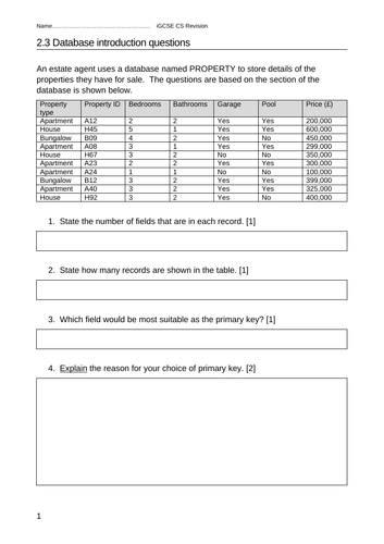 Igcse Computer Science Revision Activities Unit 2 3 Databases