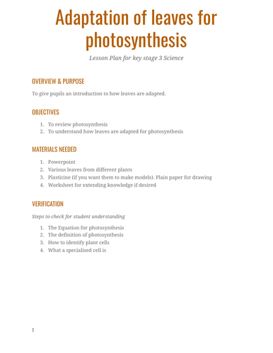 Photosynthesis- adaptation of a leaf KS3/IGCSE | Teaching Resources