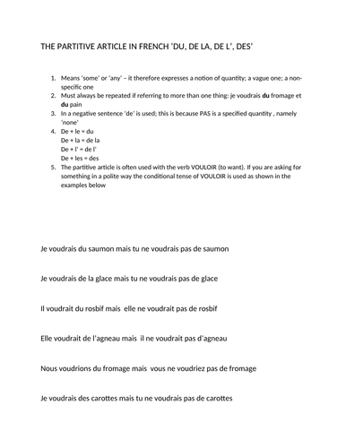 GCSE FRENCH conditional tense of VOULOIR conjugated 'du, de la, d', des ...