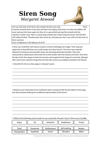Siren Song - Margaret Atwood - Worksheet | Teaching Resources