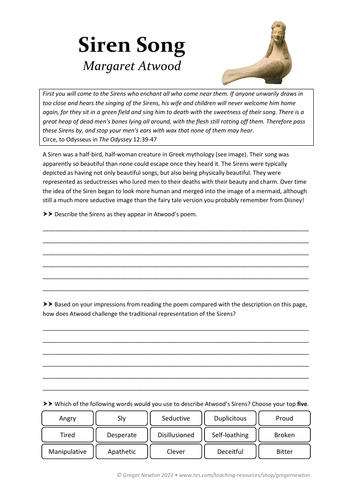 Siren Song - Margaret Atwood - Worksheet | Teaching Resources