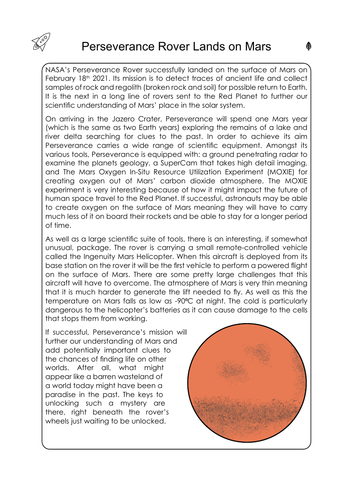 Reading Comprehension - Perseverance Rover | Teaching Resources