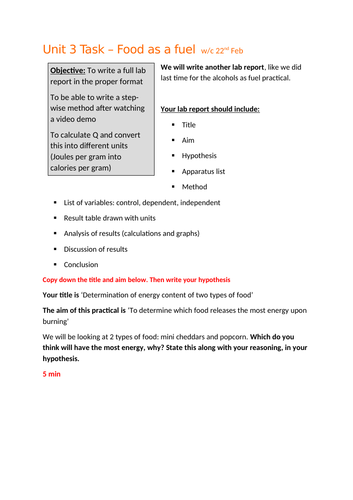 Unit 3: Food as a fuel | Teaching Resources