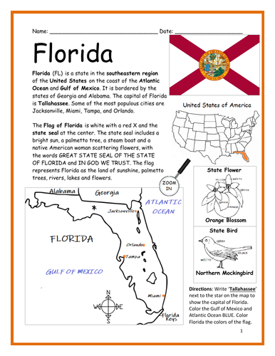 FLORIDA - Introductory Geography Worksheet | Teaching Resources