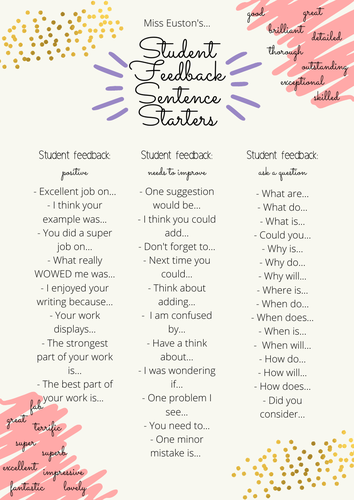 Student Feedback Sentence Starters | Teaching Resources