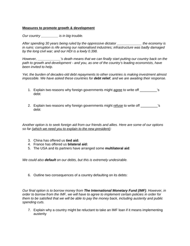 Measures to promote growth & development: A-level Economics worksheet ...