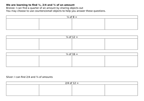 Fractions of amounts bar modelling - quarters | Teaching Resources