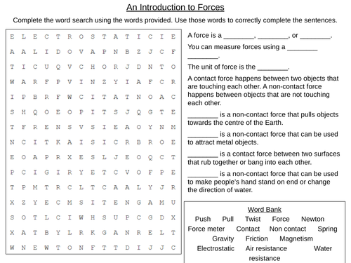 An Introduction to Forces Word Search and Cloze Activity | Teaching ...