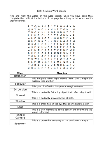 Light Revision Word Search | Teaching Resources