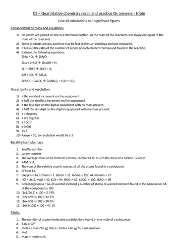 AQA Chemistry GCSE C3 Triple - Quantitative chemistry recall & practice ...