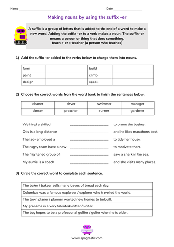 The suffix -er to make nouns | Teaching Resources