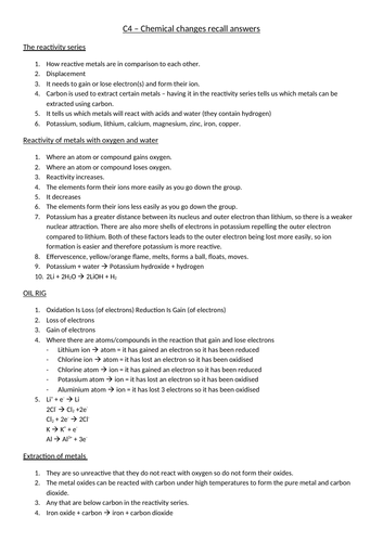 AQA Chemistry GCSE C4 - Chemical changes recall Qs | Teaching Resources