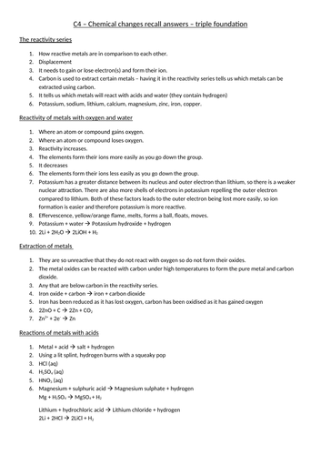 AQA Chemistry GCSE C4 Triple - Chemical changes recall Qs | Teaching ...