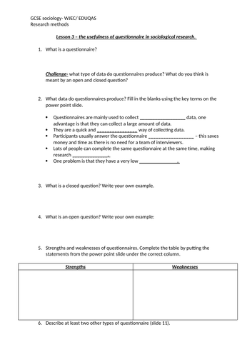 GCSE sociology [WJEC/ eduqas]- Research methods, questionnaires ...