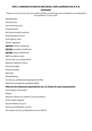 BTEC Level 3 Health and Social Care Unit 2: Working in Health & Social ...