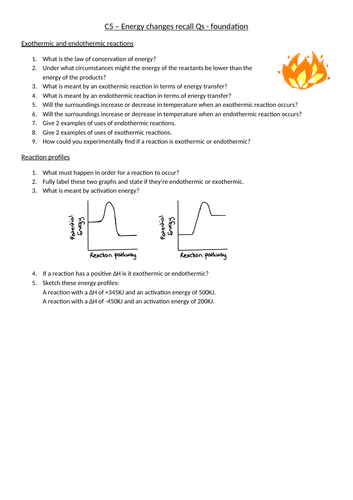 AQA Chemistry GCSE C5 - Energy changes recall Qs | Teaching Resources
