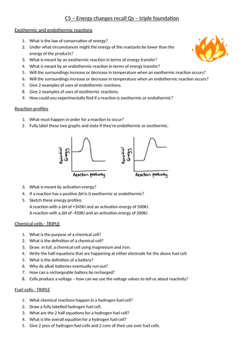 AQA Chemistry GCSE C5 Triple - Energy changes recall Qs | Teaching ...