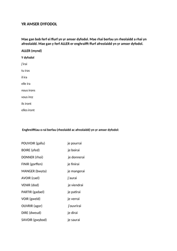 TGAU FFRANGEG y ddwy ffordd o ffurfio'r amser dyfodol 'le futur simple ...