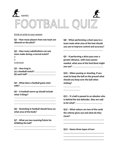 PE Football Quiz | Teaching Resources