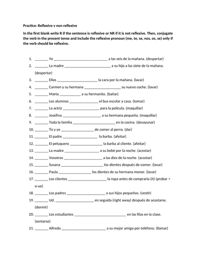 Practice reflexive v non reflexive verbs | Teaching Resources