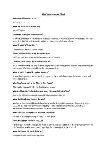 Reading Comprehension - Alan Turing | Teaching Resources