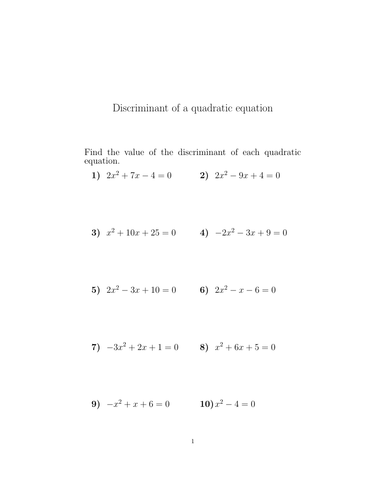 Discriminant of a quadratic equation worksheet (with solutions ...