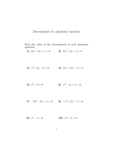 Discriminant of a quadratic equation worksheet no 2 (with solutions ...
