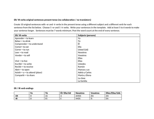 Er and Ir verbs present tense original sentences | Teaching Resources