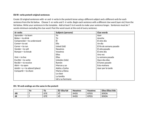 Er and Ir verbs preterit original sentences | Teaching Resources