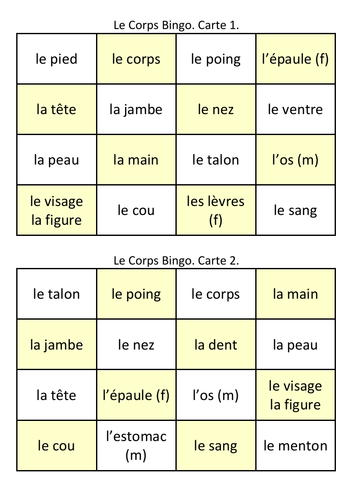 Parts of the Body: French Bingo | Teaching Resources