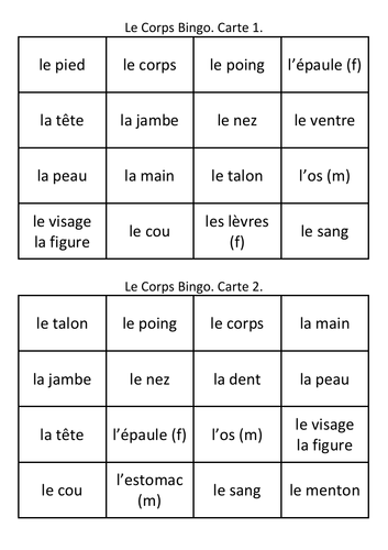 Parts of the Body: French Bingo | Teaching Resources