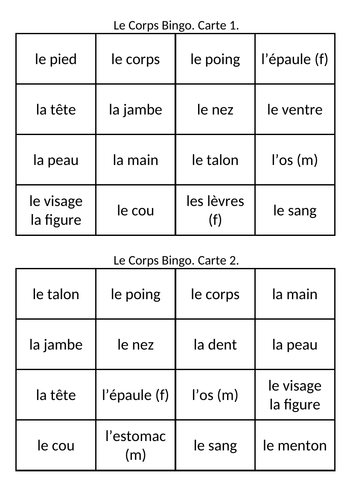 Parts of the Body: French Bingo | Teaching Resources