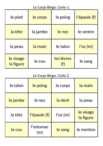Parts of the Body: French Bingo | Teaching Resources