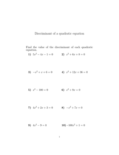 Discriminant of a quadratic equation worksheet no 3 (with solutions ...
