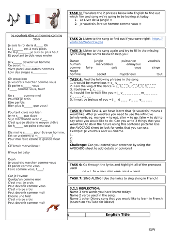 Disney French Jungle Book Song & Film worksheet | Teaching Resources