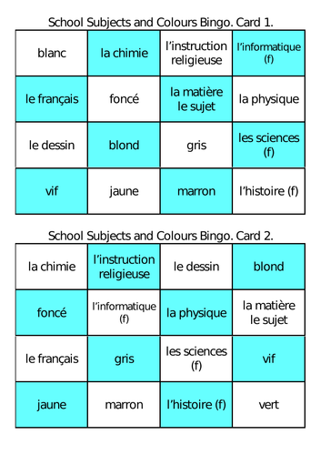 Colours and School Subjects French Bingo | Teaching Resources