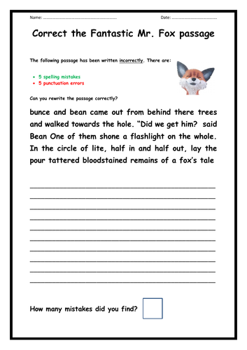 Fantastic Mr Fox - Punctuation and Spelling Task | Teaching Resources
