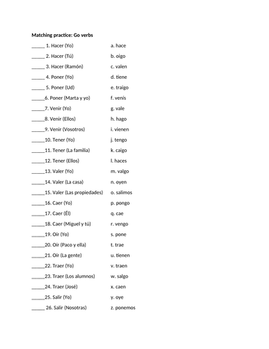 Go verbs matching practice | Teaching Resources
