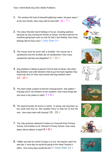 Year 1 World Book Day Maths Word Problems (Addition and Subtraction ...