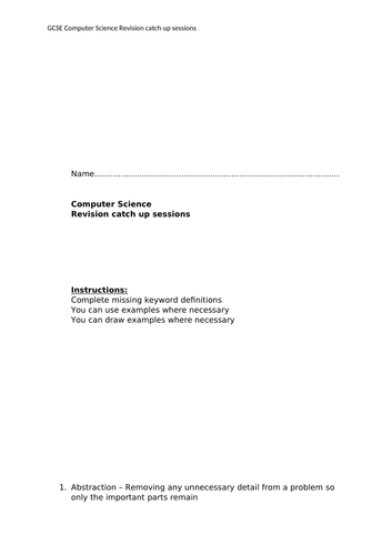 GCSE Computer Science complete Keyword catch up | Teaching Resources