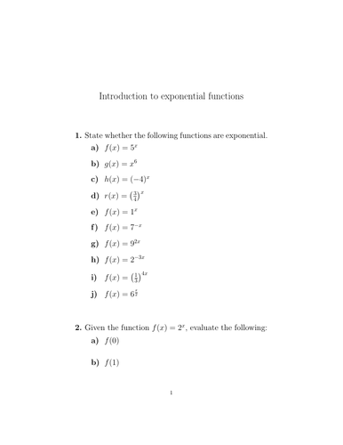 Introduction to exponential functions worksheet (with solutions ...