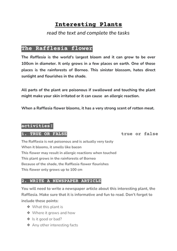 INTERESTING PLANTS comprehension worksheet | Teaching Resources