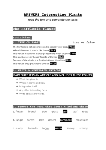 INTERESTING PLANTS comprehension worksheet | Teaching Resources