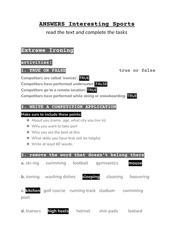 INTERESTING SPORTS comprehension worksheet | Teaching Resources
