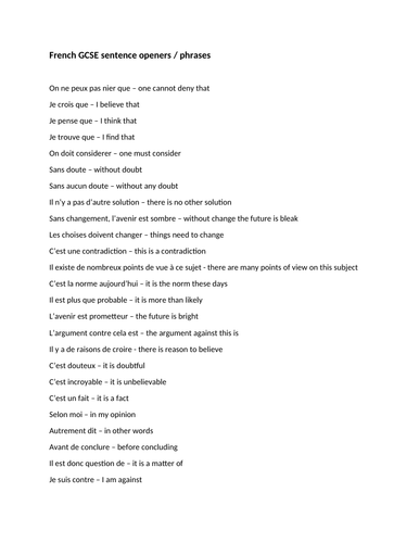 GCSE FRENCH AQA iGCSE sentence openers/ phrases on opinion | Teaching ...