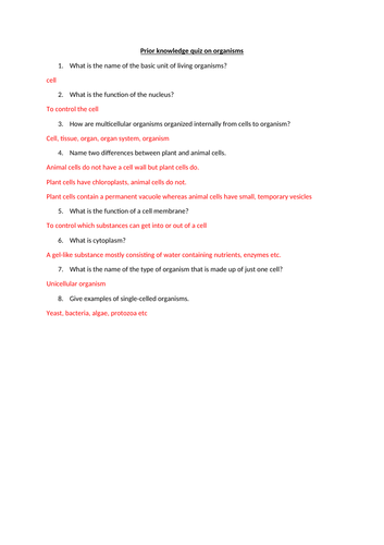 Prokaryote and eukaryote prior knowledge quiz - GCSE Biology (AQA ...