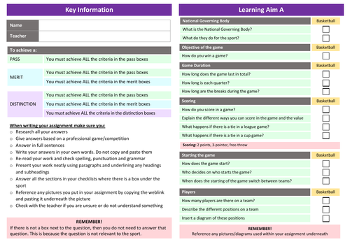 Basketball – Unit 7 Checklists – BTEC Sport | Teaching Resources