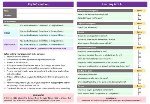 Tennis – Unit 7 Checklists – BTEC Sport | Teaching Resources