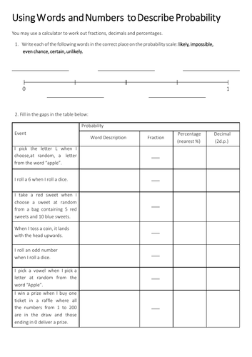 Probability-Using Words and Numbers to Describe Probability | Teaching ...
